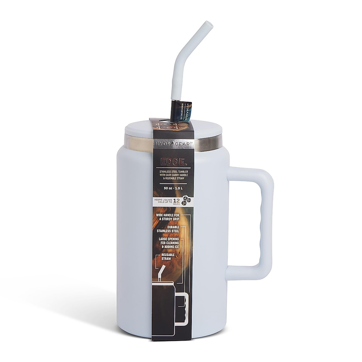 Hydragear Edge Stainless Steel Tumbler with Easy-Carry Handle and Resudable Metal Straw - 50 Oz - Heavenly Haze