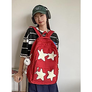 JHTPSLR Preppy Backpack Y2K Aesthetic Backpack Fluffy Stars Patchwork Aesthetic Backpack Cute Y2K Book Bags Backpack Supplies (Red)