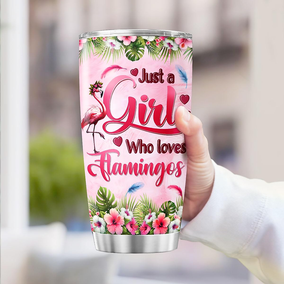 Tumblers Handle Steel Flower Hot Coffee Stainless Floral Insulated, Flamingo Gifts, Tumbler 20 Oz With Lid And Straw, Flamingo Just A Girl