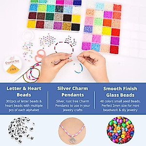 KRAFFY 35000+Pcs 2mm Glass Seed Beads for Jewelry Making, Bracelets, Rings, Necklace, Waist Chains - Small Beads Set with Charms Letters and Hearts - Women Girls Kids DIY Beading Kit