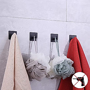 kimzcn Matte Black Adhesive Hooks Heavy Duty Wall Hooks Waterproof Stainless Steel Hooks, Towel Robe Hook Rack Wall Mount - Bathroom and Bedroom 4-Packs