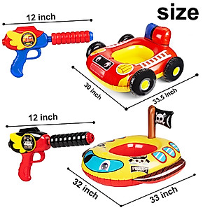2 Pack Inflatable Kids Pool Floats with Water Gun, Pool Toys for Kids Ages 4-8, Blow Up Pool Floats Kids, Toddlers Swimming Pool Game Toys, Firetruck and Pirate Ship Floaties for Boys Girls and Child
