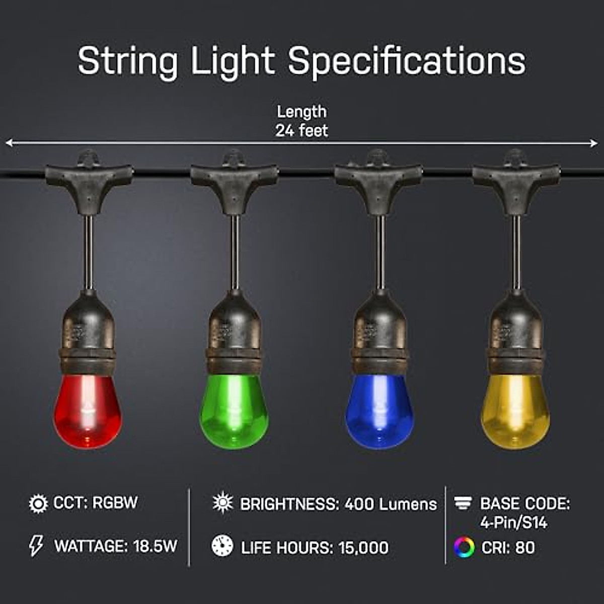 Feit Electric 24" 12pc. Light Color Changing Smart WiFi String Lights with Scheduling Features and Works with Alexa/Google Assistant, Heavy Duty and Weather Resistant - Clear Bulb - SL24-12/RGBW/AG