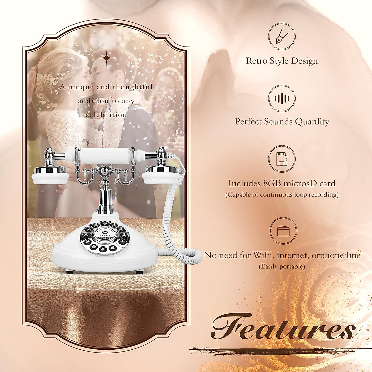 GFDQNABM Wedding Phone Guest Book,Audio Guestbook,Vintage Wedding Guestbook Alternative,Polaroid Audio Phone Guest Book for Wedding Baby Shower Retirement Graduation Birthday Party & More!（White）