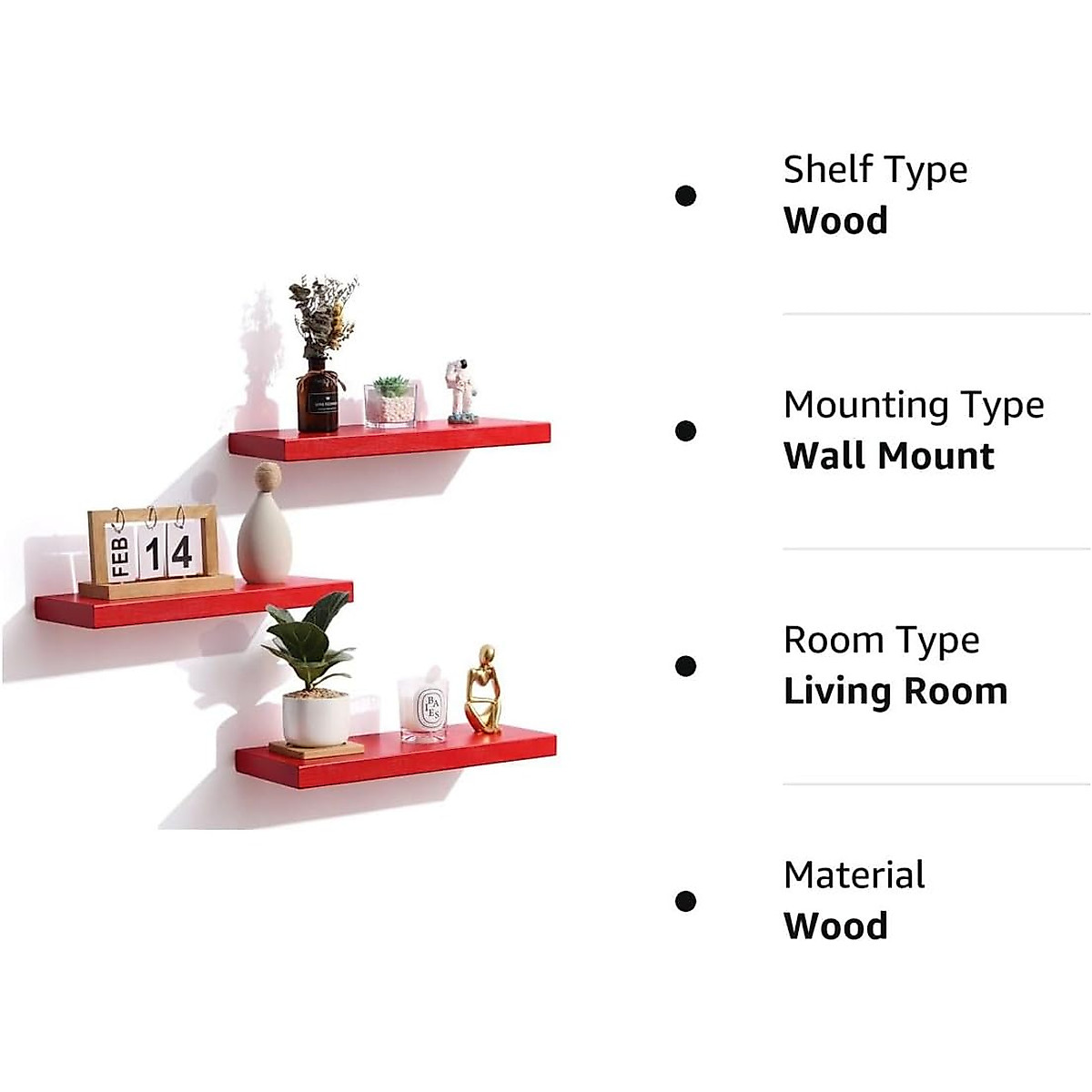 Generic Set of 3 Floating Shelves Wall Mounted Shelf, for Home Decor with 6"" Deep (red, 15.7 inch)