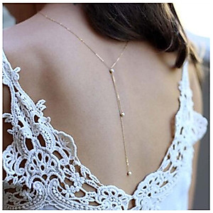 Yheakne Boho Pearl Back Chain Necklace Gold Layered Backdrop Necklace Body Chain Pearl Bridal Back Drop Chain Summer Beach Body Jewelry for Women Gifts (Gold)