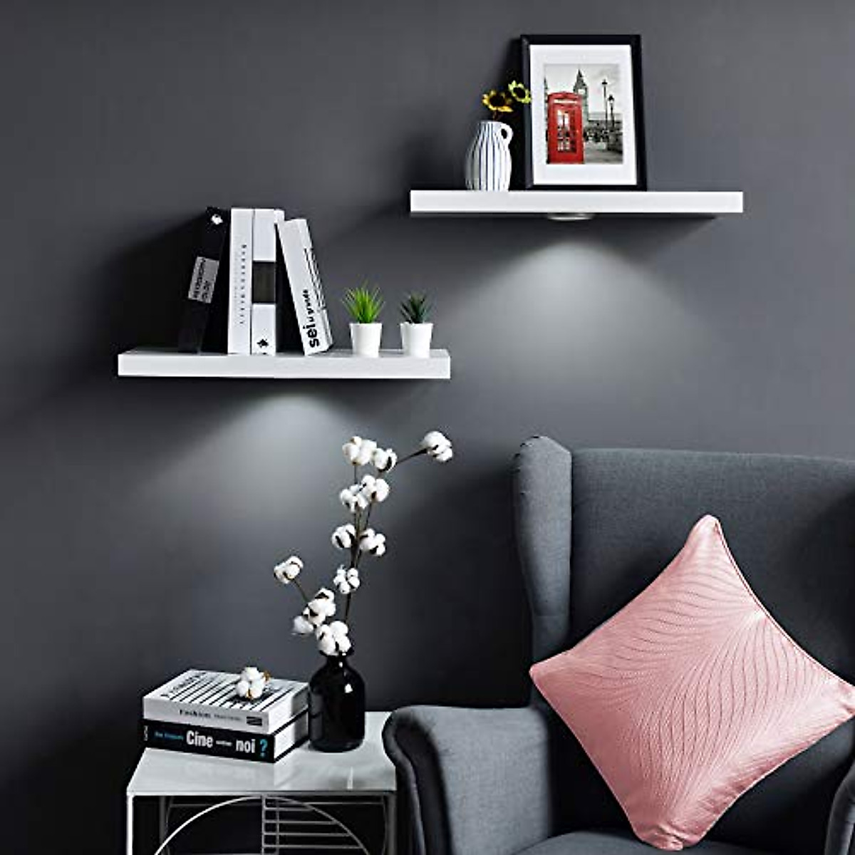 WELLAND White Floating Shelf with Touch-Sensing Battery Powered LED Light,Wall Mounted Display Shelves for Entrance, Living Room, Bedroom, Kitchen and Bathroom (24-INCH, White)