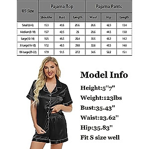 Gepansis Satin Pajama Set Women's Short Sleeve Sleepwear Soft Silk Button Down Loungewear Set Black Large