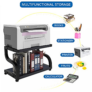 PUNCIA 2 Tiers Wood Black Home Office Desktop Printer Stand Laser Printer Copier Stand with Storage Tabletop Heavy Duty Rack Desk Organizer Shelf Dual for Small Space Double Tiers Tray