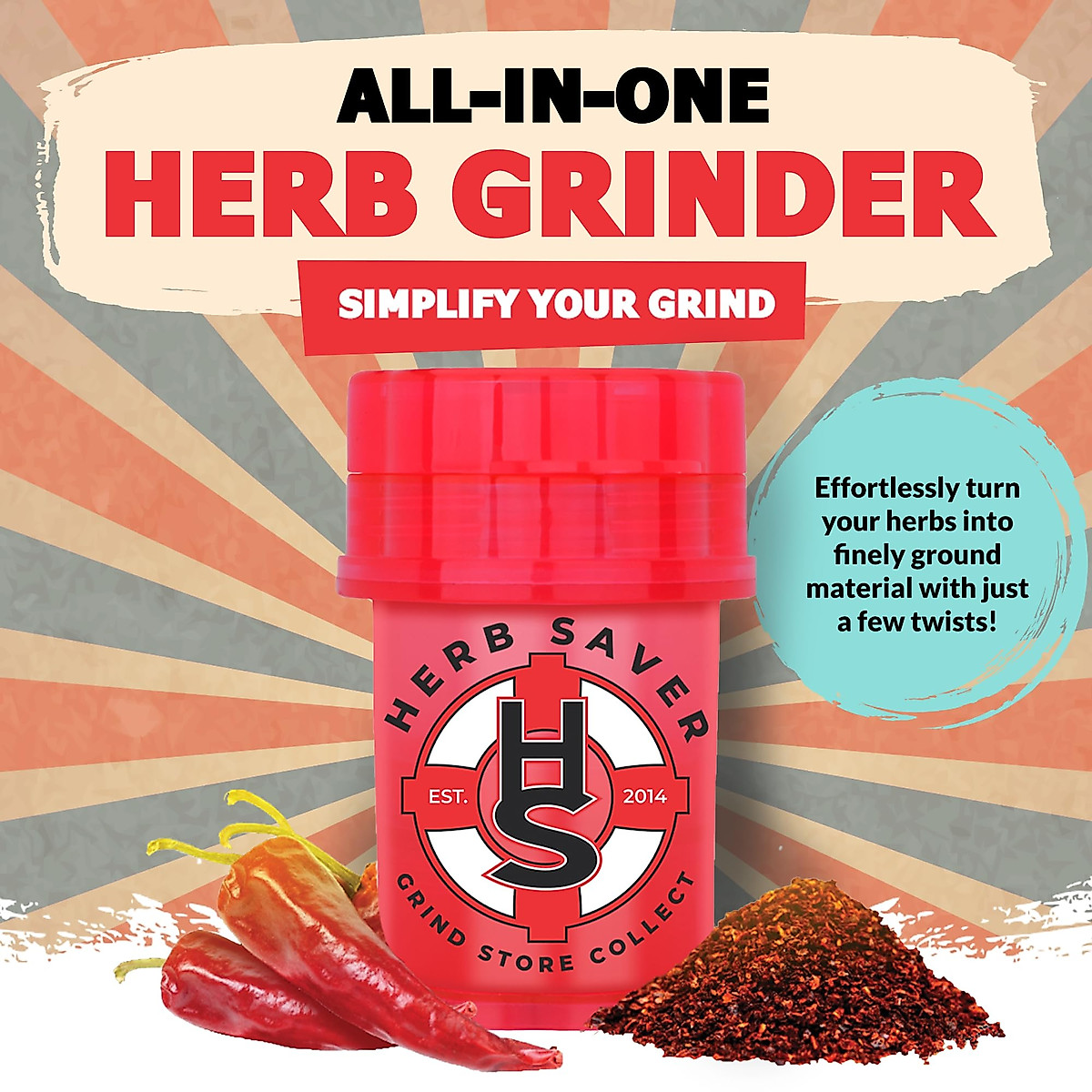 Large HerbSaver Grinder- Medical Grade Plastic Grinder with Razor Sharp Teeth, Pocket-Sized, Durable & Portable - Ideal for Grinding Herbs and Spices (Red)