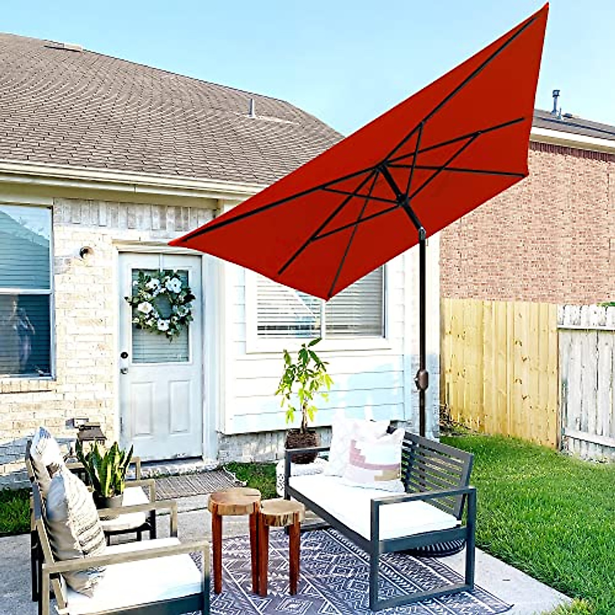 LAUREL CANYON Rectangular Patio Umbrella Market Table Umbrellas Outdoor Umbrella with Push Button Tilt and Crank for Lawn, Garden, Deck, Backyard & Pool, 6.5 x 10ft, Red