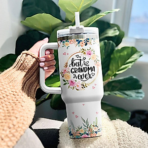 99WHALE Grandma Gifts, Grandma Watercolor Floral Nutrition Facts, Tumbler 40 Oz With Handle Lid And Straw, Handle Grandmas Cup For Great Heart Sippy Flower Best Ever Coffee Cups Nana