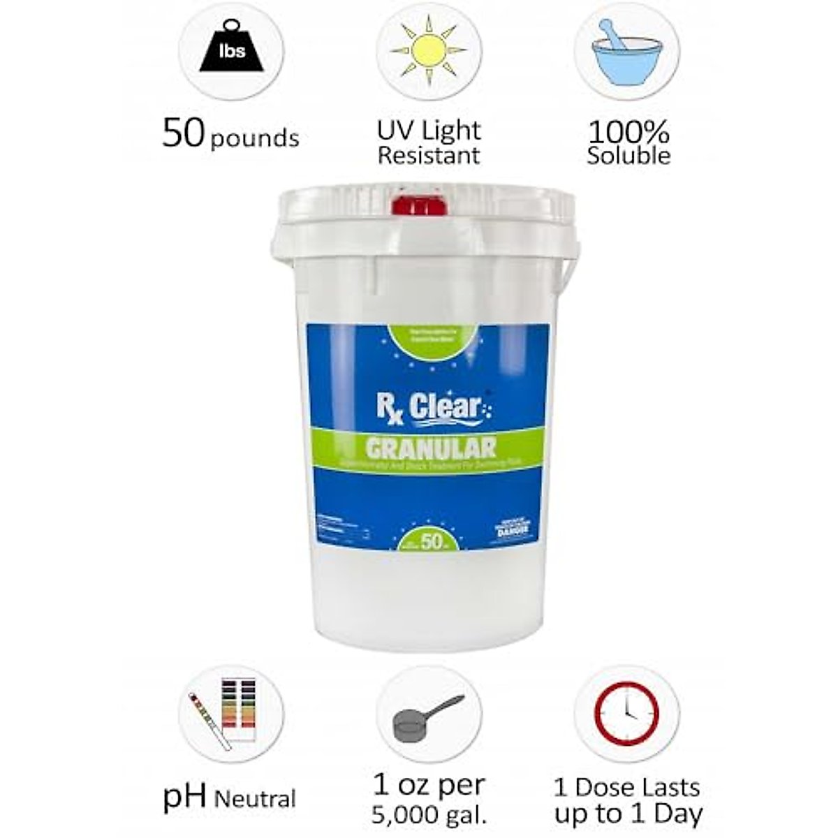 Rx Clear Stabilized Granular Chlorine | One 50-Pound Bucket | Use As Bactericide, Algaecide, and Disinfectant in Swimming Pools and Spas | Fast Dissolving and UV Protected