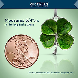 DANFORTH Four Leaf Clover/Shamrock Green Necklace, Handcast Pewter Pendant, 18 Inch Sterling Chain, Made In USA