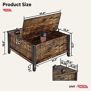 Bestier Farmhouse Coffee Table, Square Wood Center Table with Large Hidden Storage Compartment for Living Room, Rustic Cocktail Table with Hinged Lift Top for Home, Brown