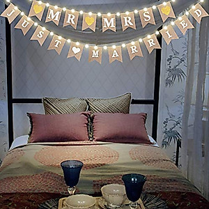 Mr and Mrs Just Married Burlap Banner, Wedding Bunting Banner with LED Fairy String Light 8 Flicker Mode, Hanging Sign Garland Pennant Photo Booth Props for Bridal Shower Wedding Engagement Party