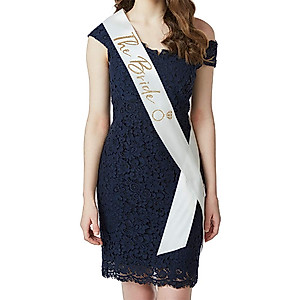 "The Bride" Sash - Bachelorette Party Bridal Shower Wedding Decorations Bride Accessories & Gifts (White with Glitter Gold Lettering)