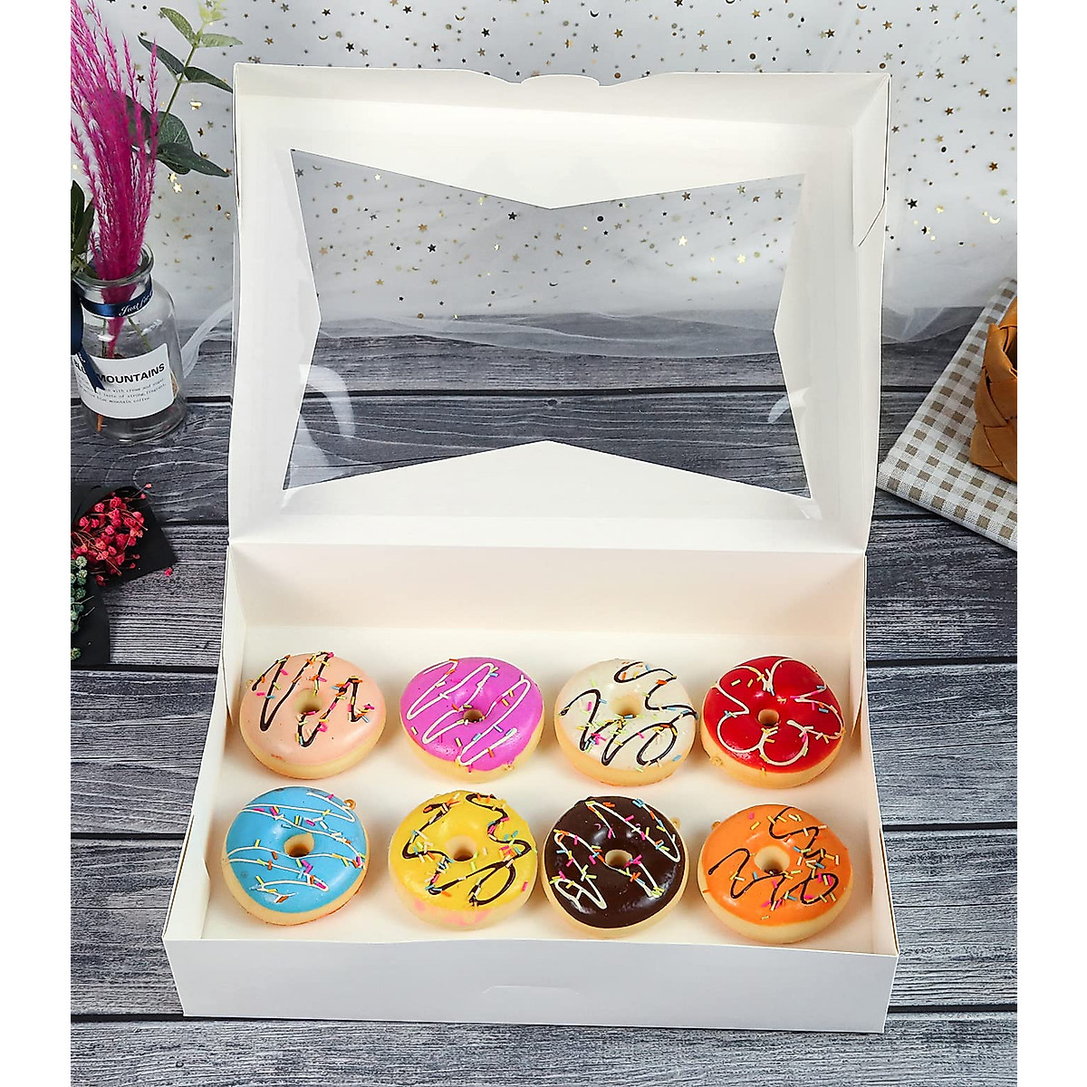 SOROO 15-PACK White Pastry Bakery Box 16x11x2.75inch,Large Donuts,Muffins,Cookies Boxes with PVC Window Auto-Pop up Paper Box Nature Cardboard Take Out Container,Hold 12 Donuts,Pack of 15