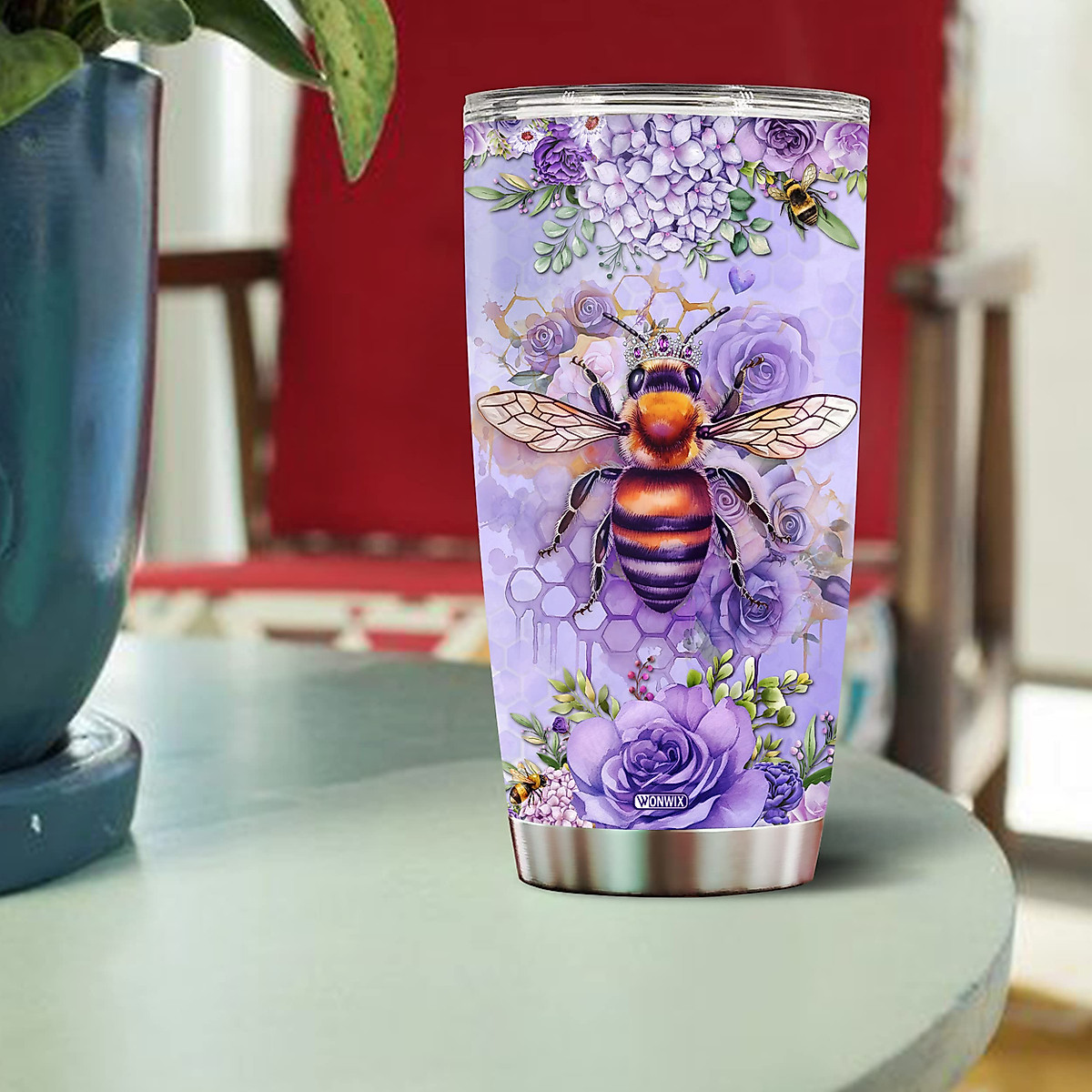 WONWIX Personalized Bee Tumbler Customized Name Queen Bees Gifts For Women Mug Cups Water Bottle 20oz Gift Birthday Valentine Christmas From Lover Insulated Stainless Steel Coffee Cup With Lid