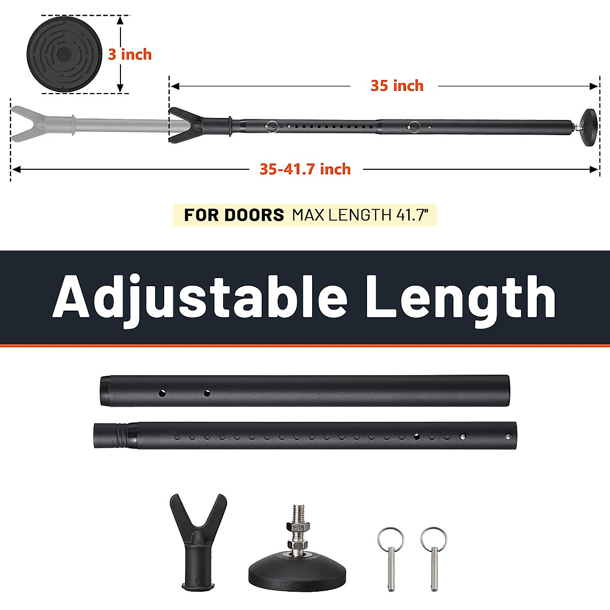 Door Security Bar, 1 1/8 inch Heavy Duty Security Bars, 35-41.7" Adjustbale Door Saftey Bar - Portbale Security Door Barricade Bar Inside (1 pc, Black) (Frosted Black)