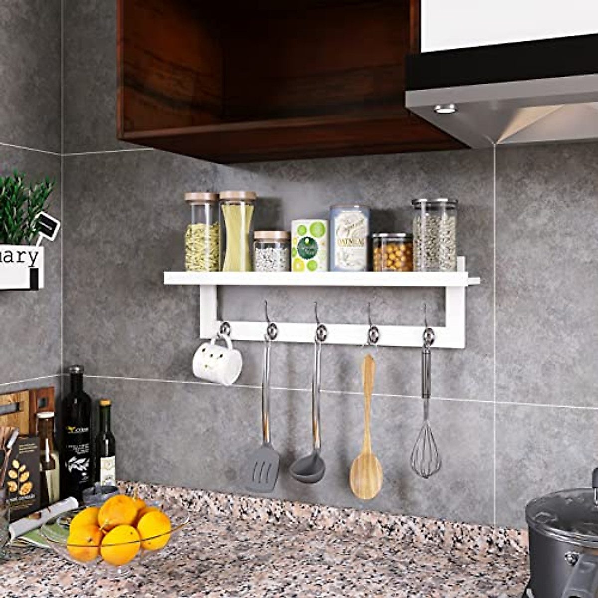 SMIBUY Coat Hooks with Shelf Wall-Mounted, 29.2 Inch Entryway Coat Rack for Wall, Bamboo Hanging Shelf with 5 Double Metal Hooks for Bathroom, Bedroom, Kitchen, Living Room, Mudroom (White)