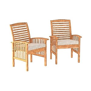 Walker Edison Rendezvous Modern 2 Piece Solid Acacia Wood Slat Back Outdoor Dining Chairs, Set of 2, Brown