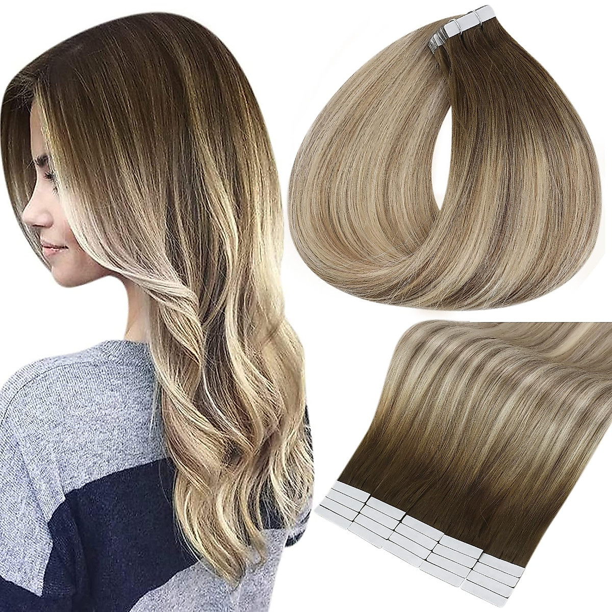 Full Shine Tape in Hair Extensions Human Hair 18 Inch Hair Extensions Tape in Color Dark Brown 3 Fading to 8 and 22 Tape in Hair Extensions 20Pcs 50Grams Balayage Tape Extensions For Women