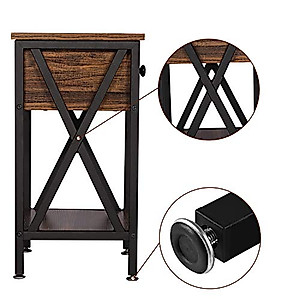 VECELO Modern Versatile Nightstands X-Design Side End Table Night Stand Storage Shelf with Bin Drawer for Living Room Bedroom, Brown+Black