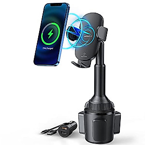 Cup Holder Phone Mount Wireless Car Charger 15W Qi Fast Charging Cup Holder Adjustable Cupholder Phone Holder Charger for Car with QC 3.0 Adapter Compatible with iPhone13/13Pro/Max All Smart Phones