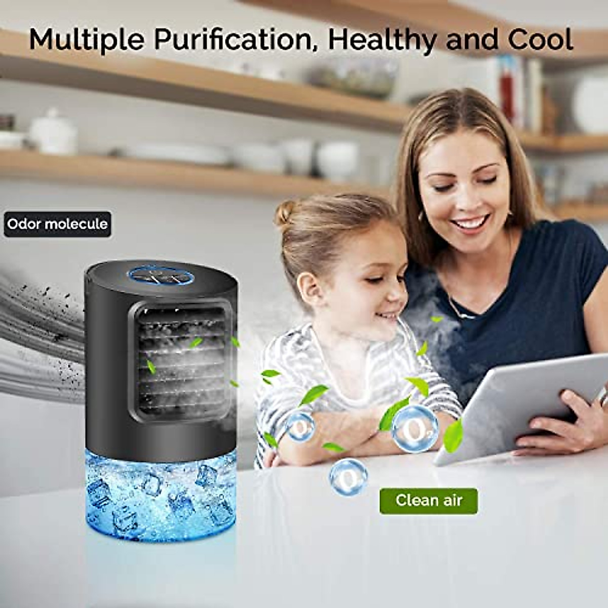 OVPPH Portable Air Conditioner Fan, Personal Evaporative Cooler Mini Desk Cooling Fan with Handle, 3 Speeds, Timer, 7 LED Light Circulator Humidifier Misting for Bedroom Home Office, Fashion Black