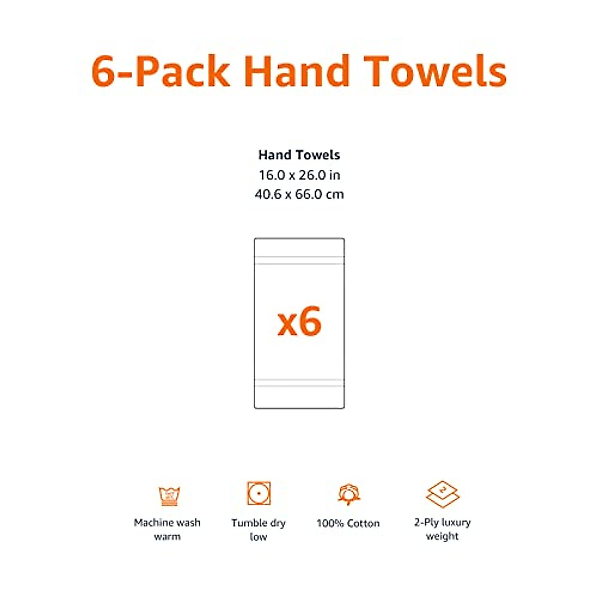 Amazon Basics GOTS Certified Organic Cotton Hand Towel - 6-Pack, Pristine Snow