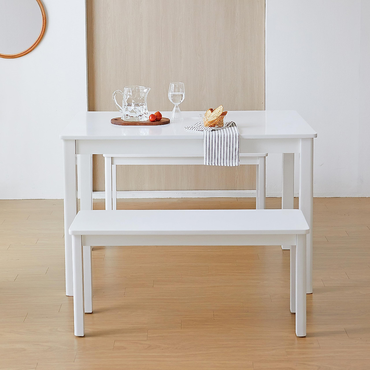 Livinia Cabin 37.4" Wooden Dining Bench/Small Modern Farmhouse Malaysian Oak Wood Bench (White)
