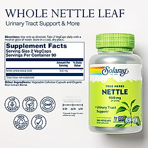 SOLARAY Nettle Leaf 900 mg, Vegan Supplement for Urinary Health and Kidney Support, Prostate Health and Respiratory Wellness, Non-GMO, 60 Day Money Back Guarantee. 90 Servings, 180 VegCaps