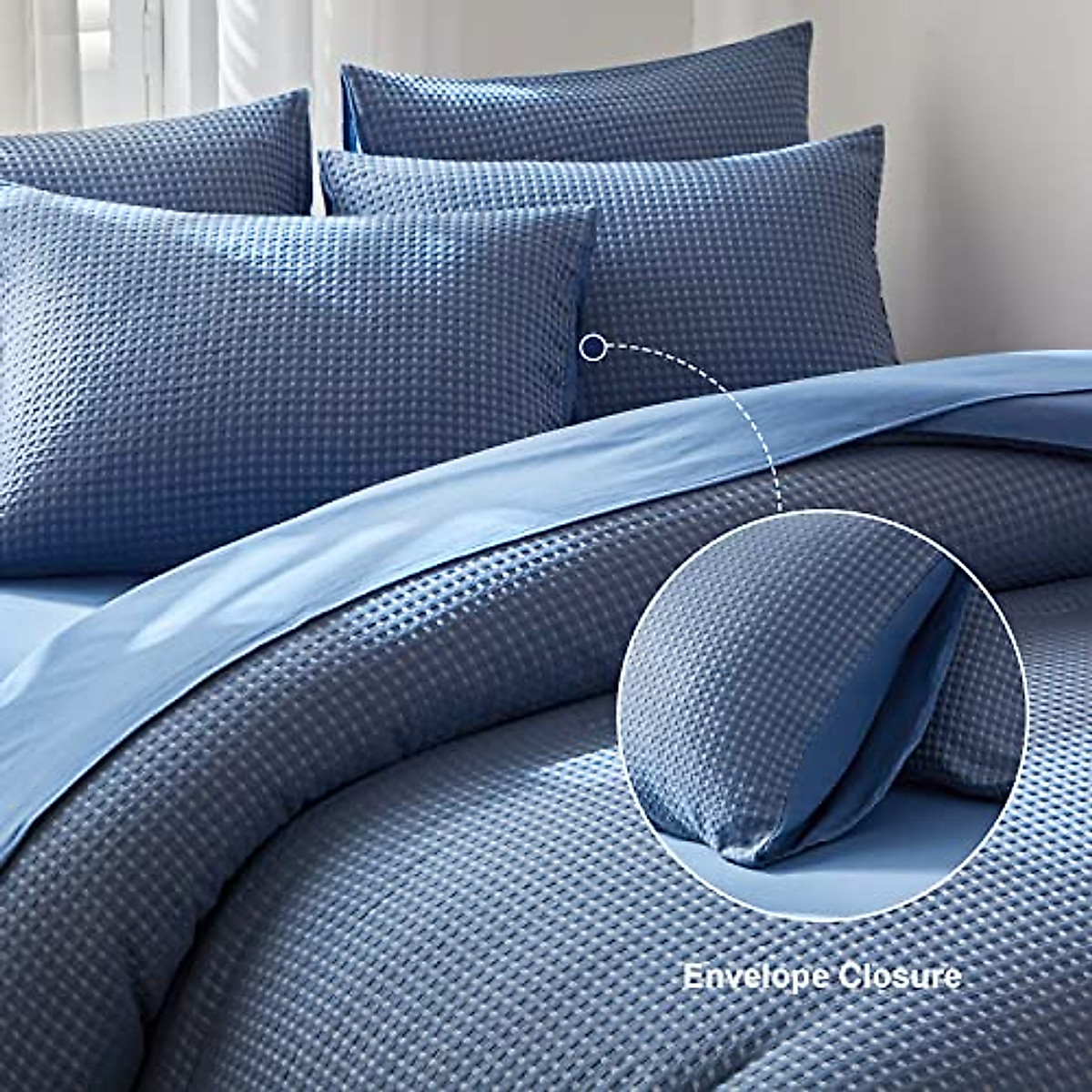 WARMDERN Blue Comforter Set Queen Size Waffle Weave Lightweight Bedding Comforter Sets Soft Microfiber Down Alternative Comforter 7 Pieces Bed in A Bag All Season(Blue, Queen)