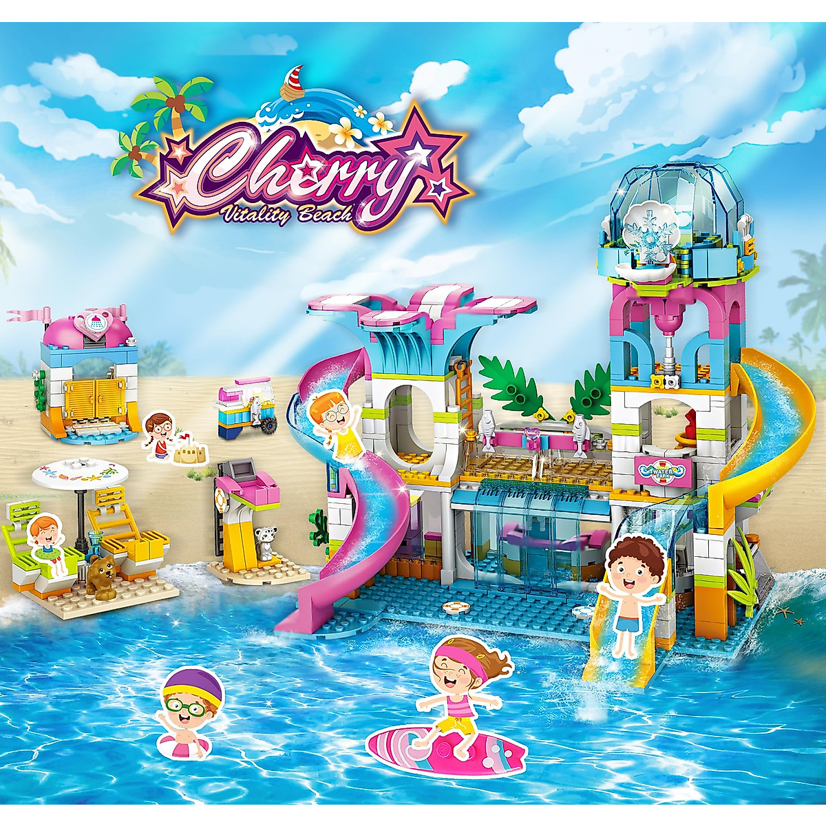 Friends Summer Fun Water Park Building Set Featuring Ice-Cream Cart, Shower Room, Beach Chairs and Lifeguard Stand, STEM Toy Roleplay Gift for Kids Boys Girls Aged 6-12 (875 Pieces)