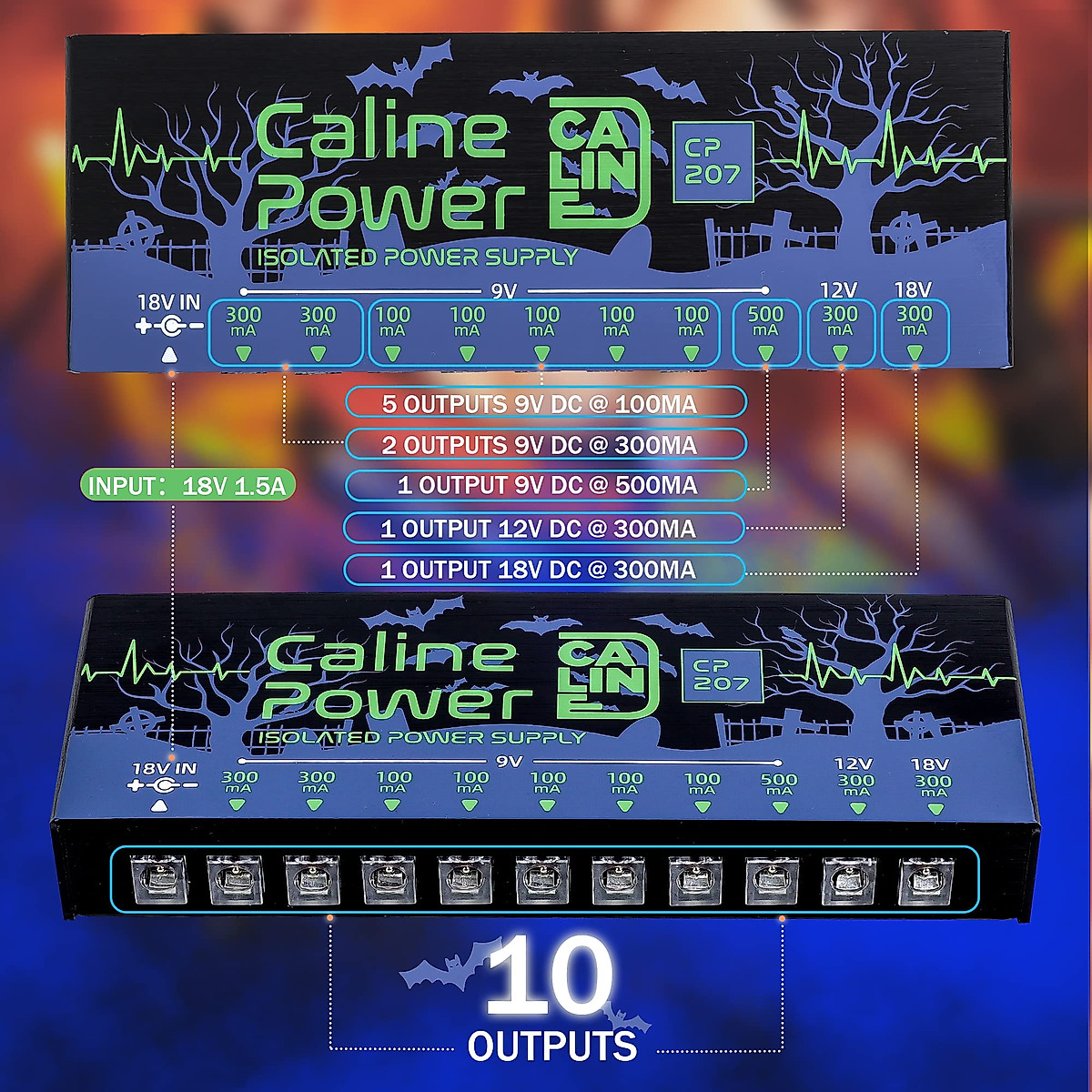 Caline CP-207 Guitar Pedal Power Supply, True Isolated Pedal Board Power Supply with 10 Totally Isolated DC 9V/12V/18V Outputs(100mA/300mA/500mA), Noiselessly