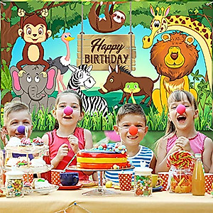 Jungle Animal Theme Backdrop for Birthday Party, Large Fabric Safari Animal Elements Printed Happy Birthday Backdrop Funny Cartoon Forest Background for Birthday Party Decorations, 6 x 3.6 ft