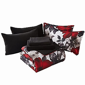 ZEIMON 7 Piece Bed in A Bag Queen Floral Comforter Set, Black and Red Botanical Flowers Leaves Comforter and Sheet Set, Soft Lightweight Microfiber Bedding Sets for All Season(Black,Queen)