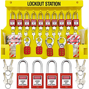 Lockout Tagout Station,Loto Kits, Includes 14 Key Different Padlocks with Numbers, 4 Lockout Hasps, 40 Lockout Tags, 20 Nylon Cable (Big Lock Station) Yellow