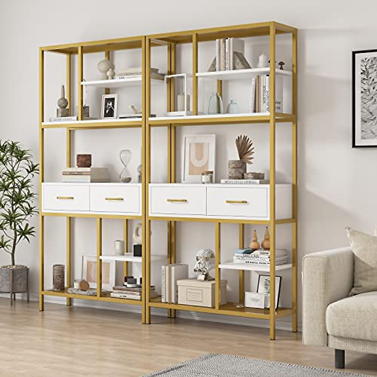 HITHOS Bookshelf, Tall Bookcase with 2 Drawers and Storage Shelves, Industrial Etagere Bookcase Book Shelves for Office, Living Room, Bedroom, White/Gold