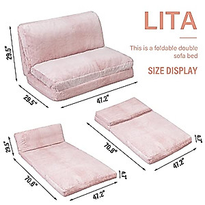 LITA Folding Mattress Sofa, Foldable Double Sofa Bed Foam Filling Convertible Sleeper Sofa Bed Modern Soft Faux Fur Wall Sofa Bed with Removable Cover for Living Room/Apartment/Dorm, Pink