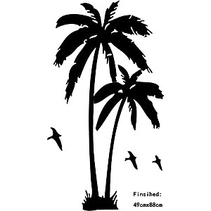 BIBITIME 2 Coconut Trees Wall Decal Black Vinyl Coco Palm Silhouette Birds Sticker for Living Room School Nursery Bedroom Kids Children Rooms Decor Home Art Murals
