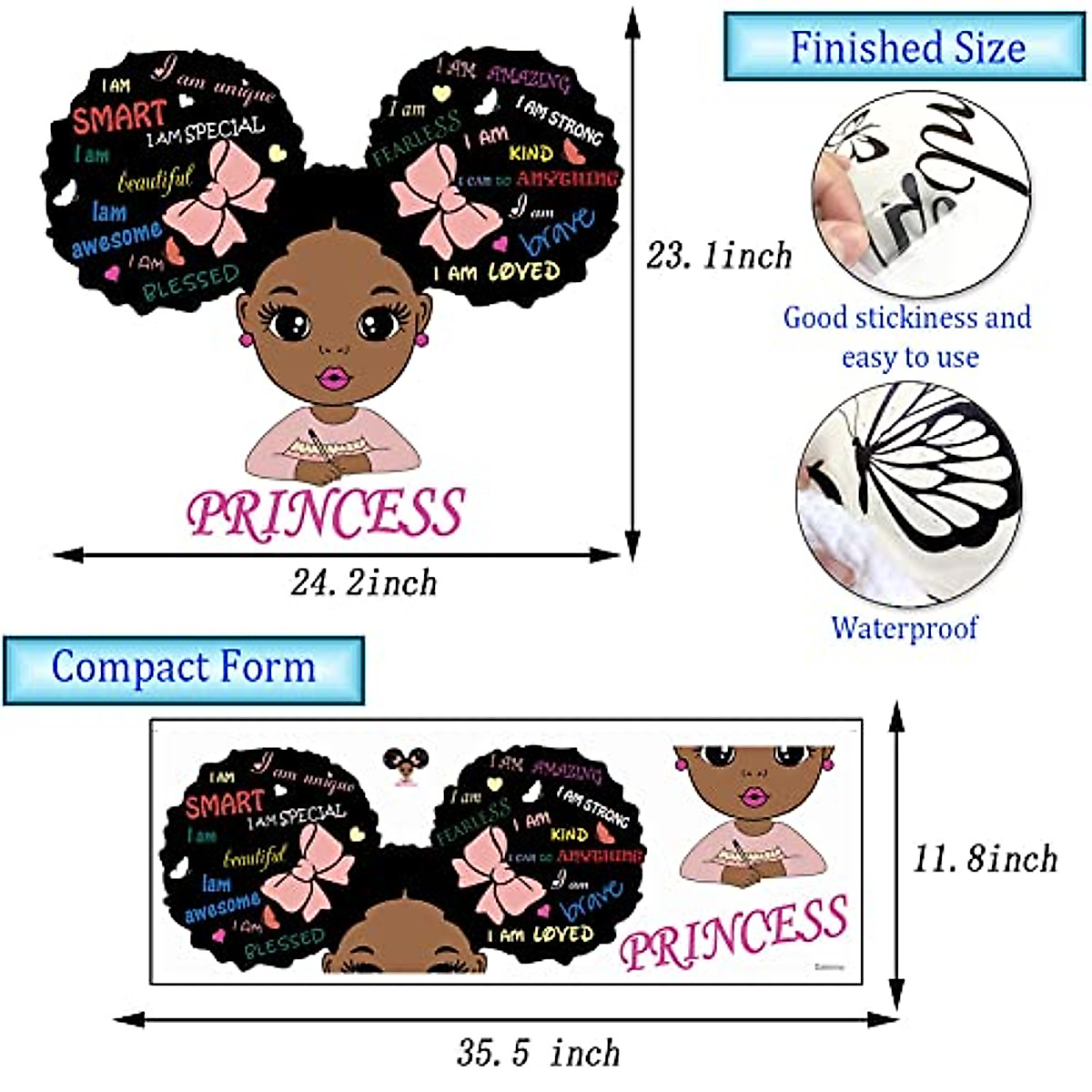 Black Girl Magic Inspirational Wall Decals Quote I'm Kind Princess Wall Sticker Pink Motivational Saying Positive Words Wall Stickers for Nursery Playroom Bedroom Living Room Wall Decor