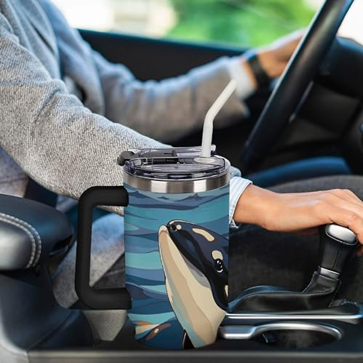 STVNKML 40 Oz Tumbler with Handle Orca Killer Whale Print Stainless Steel Coffee Mug Reusable Travel Mug Leak-proof Insulated Car Cup Large Capacity Tumbler for Travel, Outdoor, Home Use (Black)