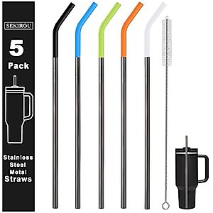 5PCS Metal Straws with Silicone Flex Tip and Cleaning Brush, Reusable Stainless Steel Straw to Fit 40 oz Stanley Tumbler and 24 oz Starbucks Cup (8mm Black)