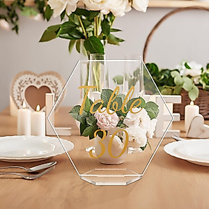 Zhanmai 30 Pcs Acrylic Table Numbers 1-30 for Wedding Table Numbers Hexagon Table Number Signs 5.5 x 5 Inch Clear Place Cards with Stand for Wedding Reception Events Party Restaurant (Gold Letter)