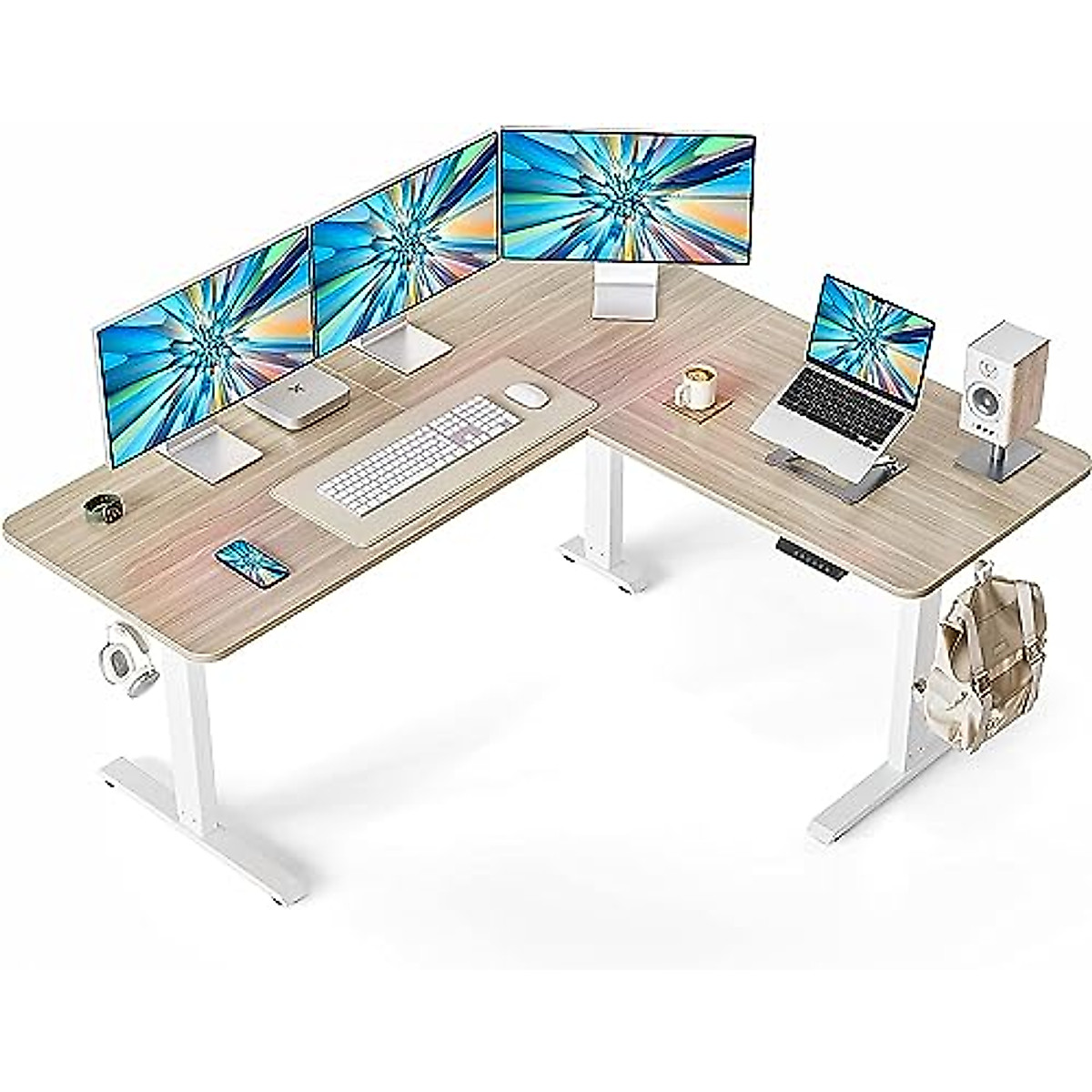 FEZIBO 63" L Shaped Standing Desk Height Adjustable, Electric Stand up Corner Desk, Sit Stand Home Office Desk with Splice Board, White Frame/Light Walnut Top