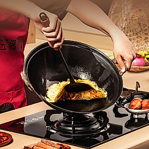 WANGYUANJI Handmade Cast Iron Wok 14.2" Large Woks Stir-Fry Pans with Dual Handle,Fry Pan Suitable for Induction, Electric, Gas, Halogen All Stoves-Black,Uncoated Craft Wok Healthy Cooking Wok