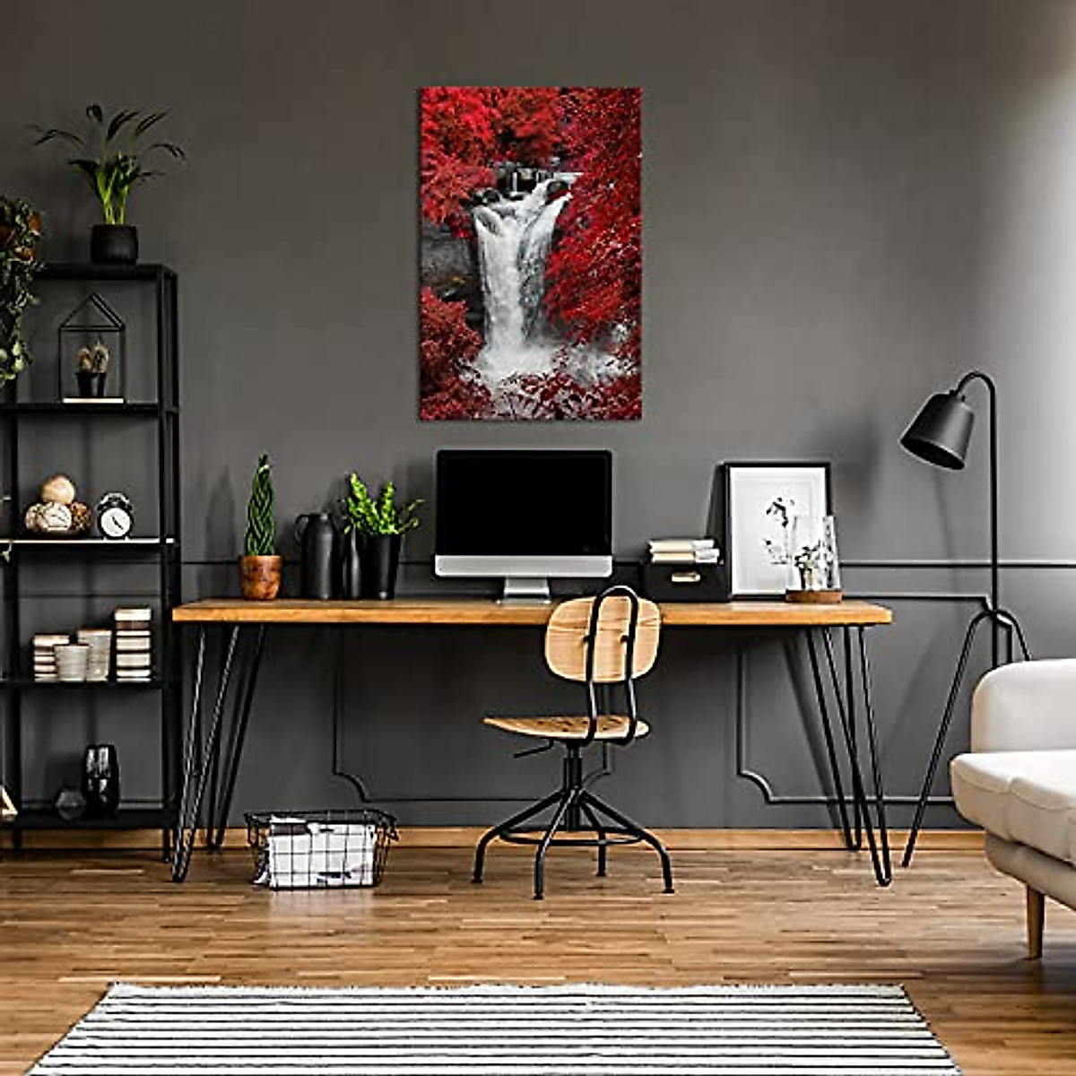 iKNOW FOTO Red Waterfall Canvas Wall Art Decor Vertical Decorative Prints Forest Landscape Picture for Living Room Kitchen Bedroom Office Home Decor Gift 24x36