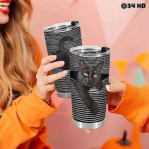 34HD Black Cat Tumbler with Lid, 20 oz Stainless Steel Vacuum Insulated Hide and Seek Mug Kitty, Funny Cat Gifts for Men Women Mothers Day Birthday Christmas